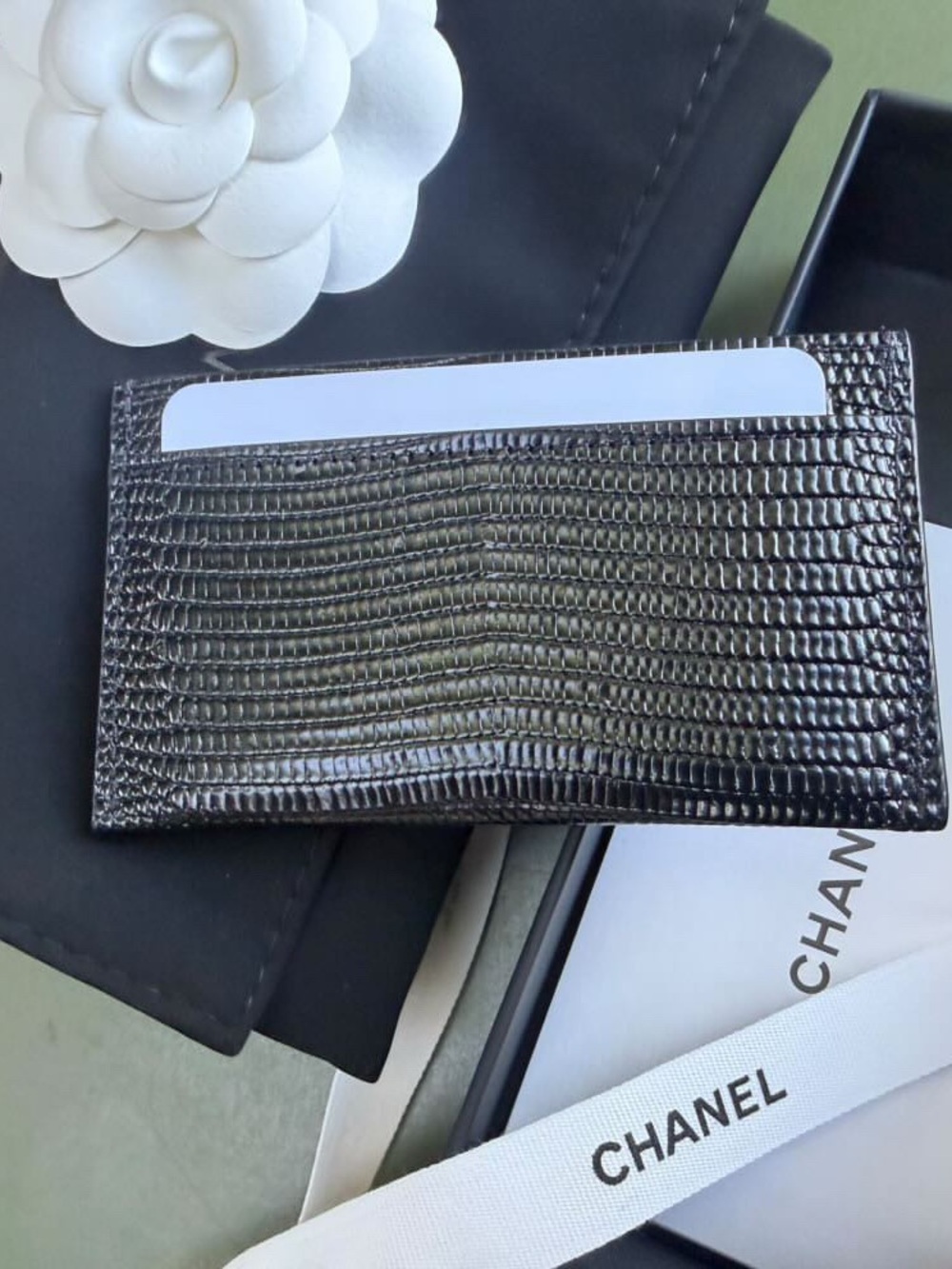 CHANEL | Bags | Chanel Black Lizard Crocodile Embossed Dart Card Sleeve ...